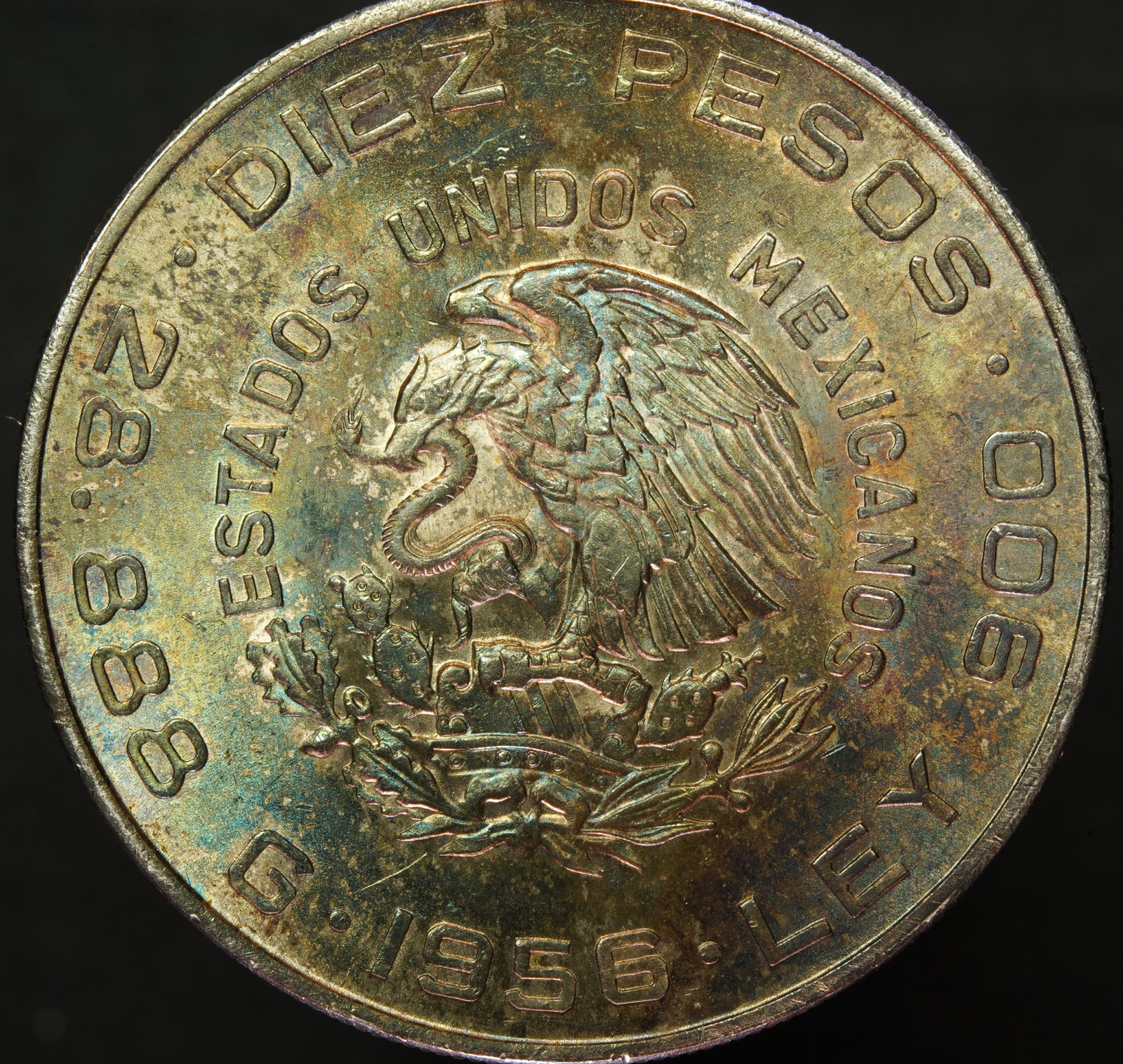 1956 Diez 10 Pesos Mexico Mexican Hidalgo Libertad TONED 90% Silver ...