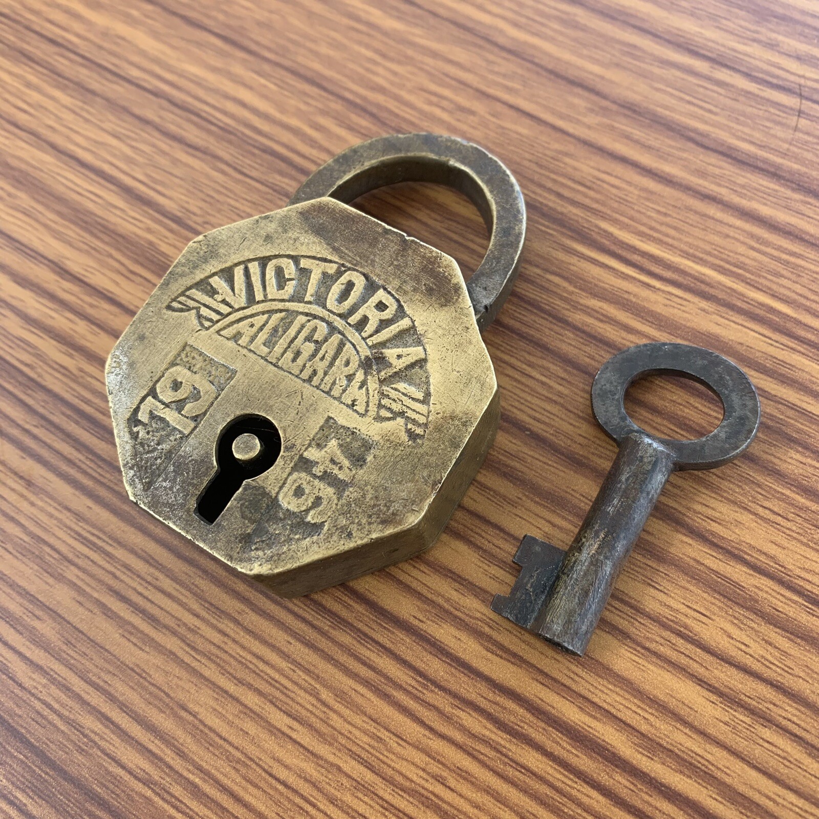 1940's BRASS PADLOCK OR LOCK WITH KEY OLD OR ANTIQUE, OCTAGONAL SHAPE ...
