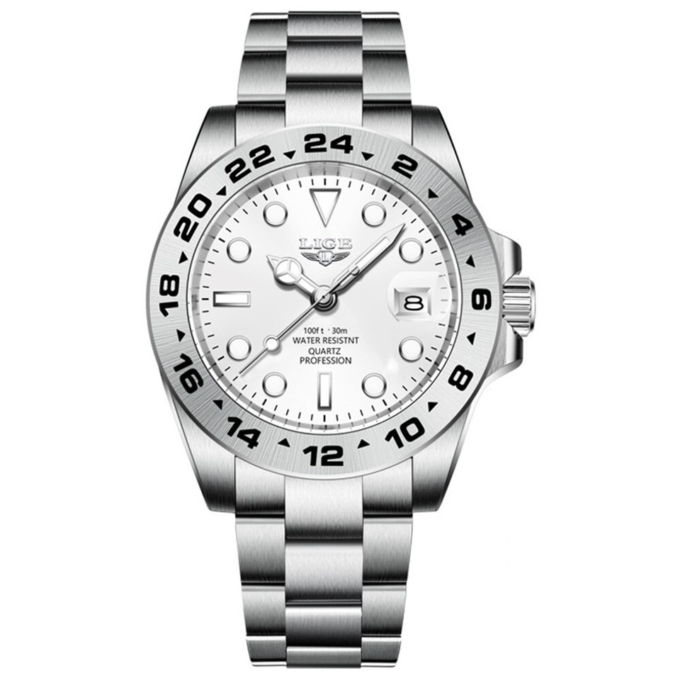 LIGE Men Watch Silver Steel Bracelet Date Display Wristwatch Business ...