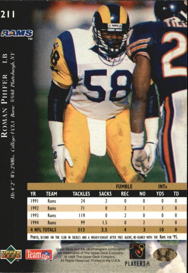 1995 Upper Deck Electric Silver St. Louis Rams Football Card #211 Roman ...