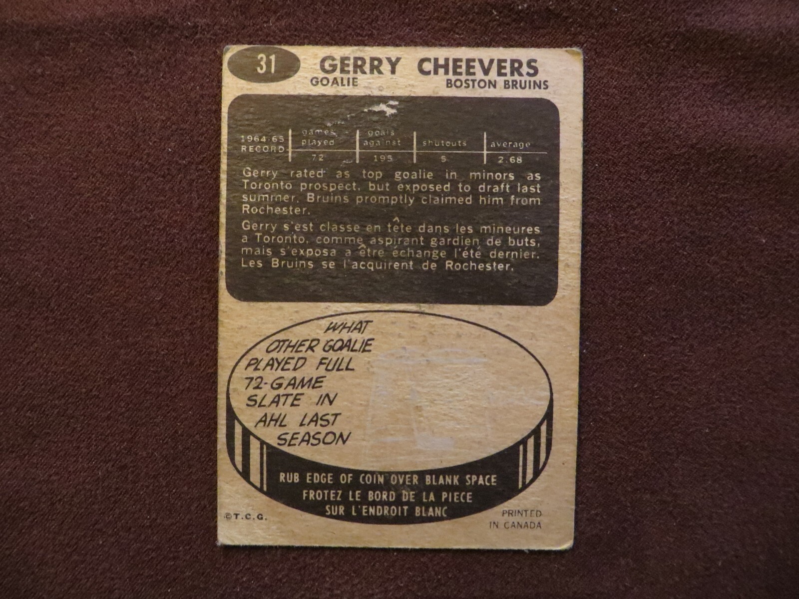 1965-66 Topps No.31 Gerry Cheevers Rookie Boston Bruins NHL Hockey Card ...