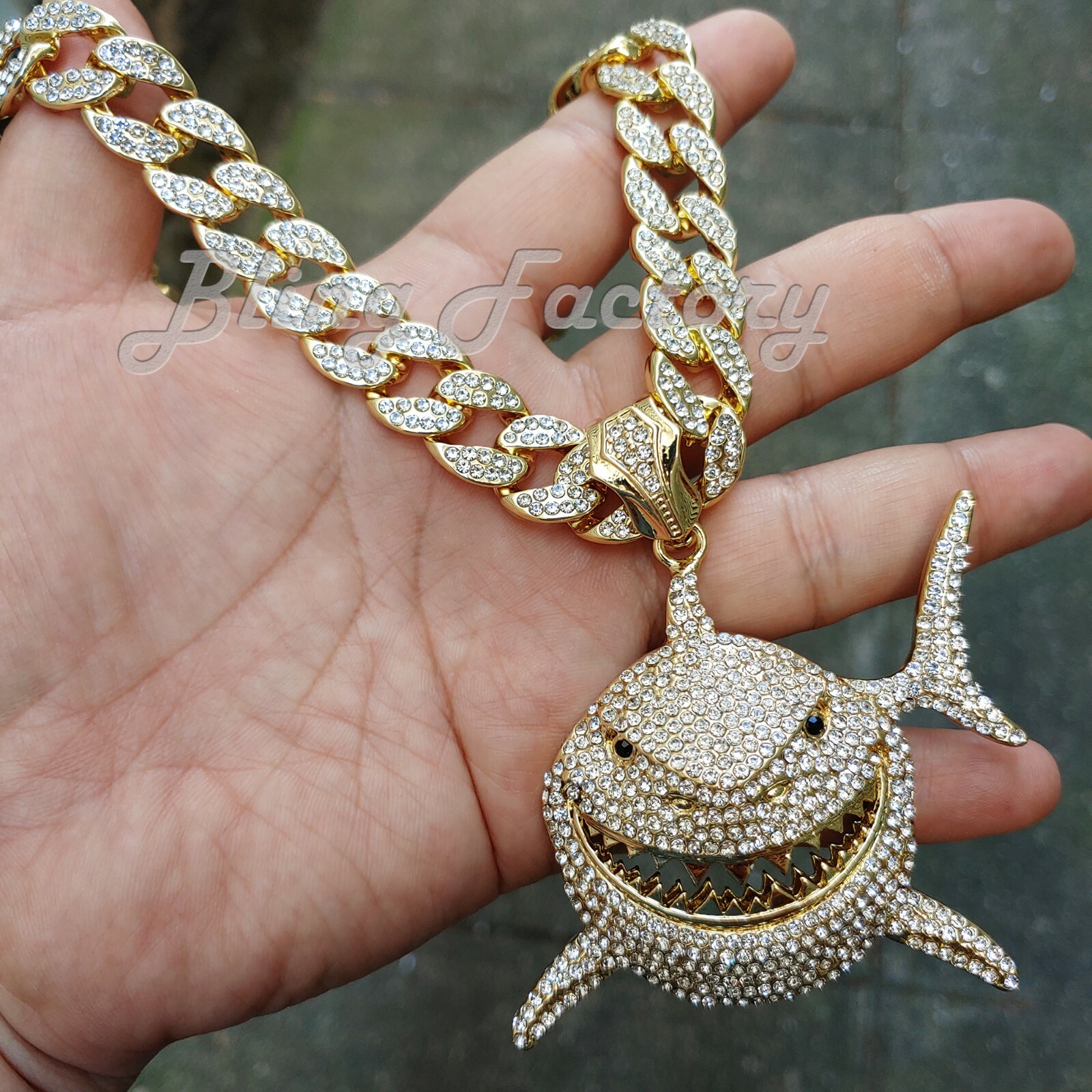6ix9ine Iced Shark Pendant & 16" 18" 20" Iced Cuban Choker Chain Bling ...