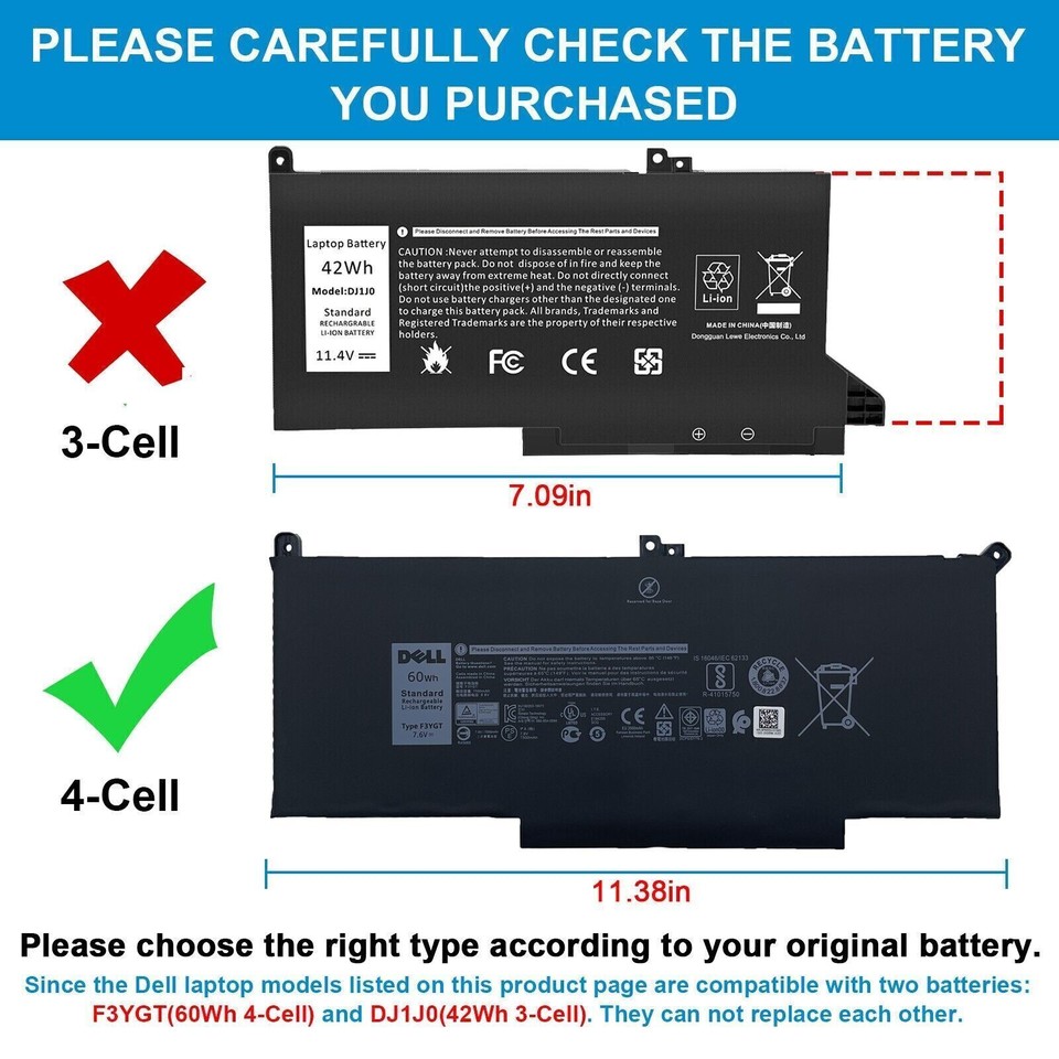 NEW OEM 60Wh F3YGT DM3WC Battery For Dell Latitude 7480 7490 7380 7280 ...
