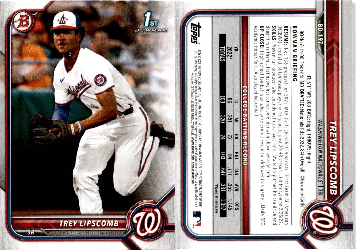 2022 1st Bowman Draft Baseball Card BD-197 TREY LIPSCOMB WASHINGTON ...