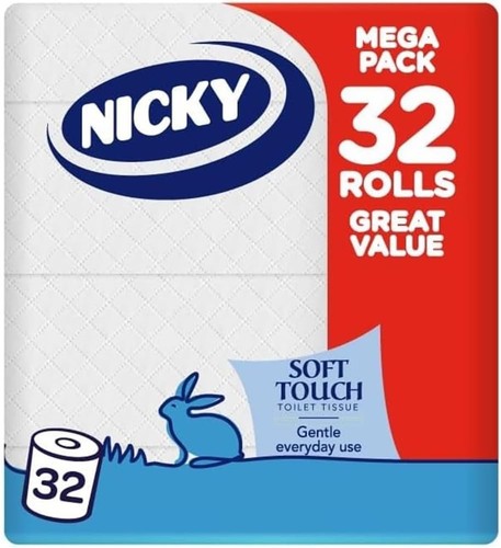 Nicky Soft Touch Toilet Tissue Extra Value Pack – 32 Rolls of Extra ...