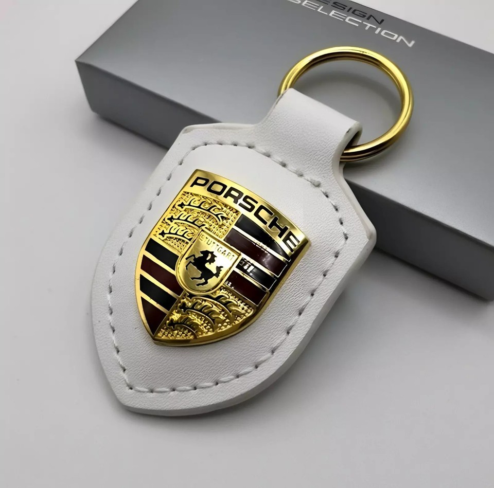 NEW GENUINE PORSCHE LEATHER CREST KEY RING FOB CHAIN - WHITE ...