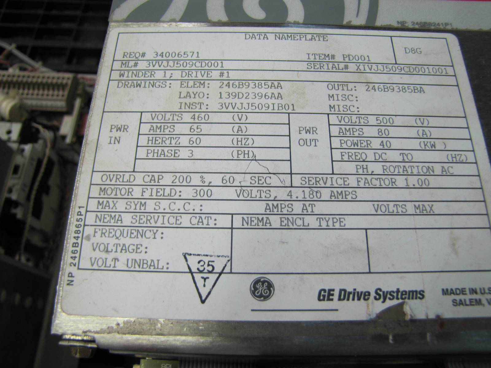 GE DRIVE SYSTEMS AC DRIVE 460V 3PH 40KW 40 KW 3VVJJ509CD001 PD001 for ...