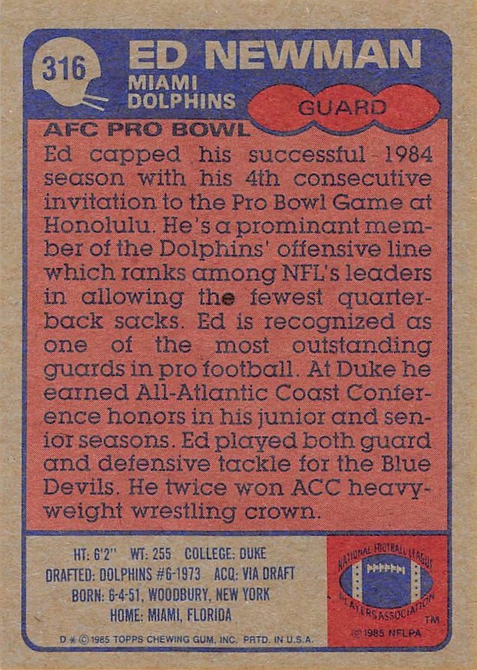Ed Newman 1985 Topps #316 Dolphins ID:24504 | eBay