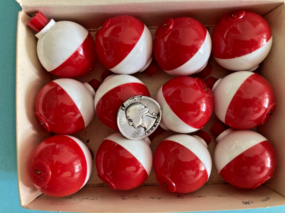 NEW VTG USA 12 BOX FISHING BOBBERS Round Floats Red White Plastic SNAP ...