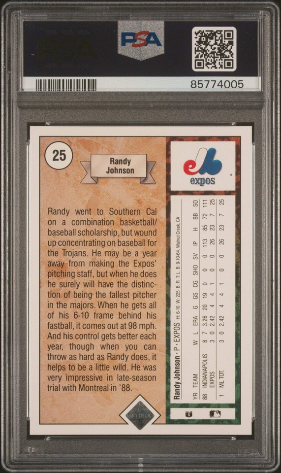 Graded 1989 Upper Deck Randy Johnson #25 Star Rookie Rookie Baseball ...