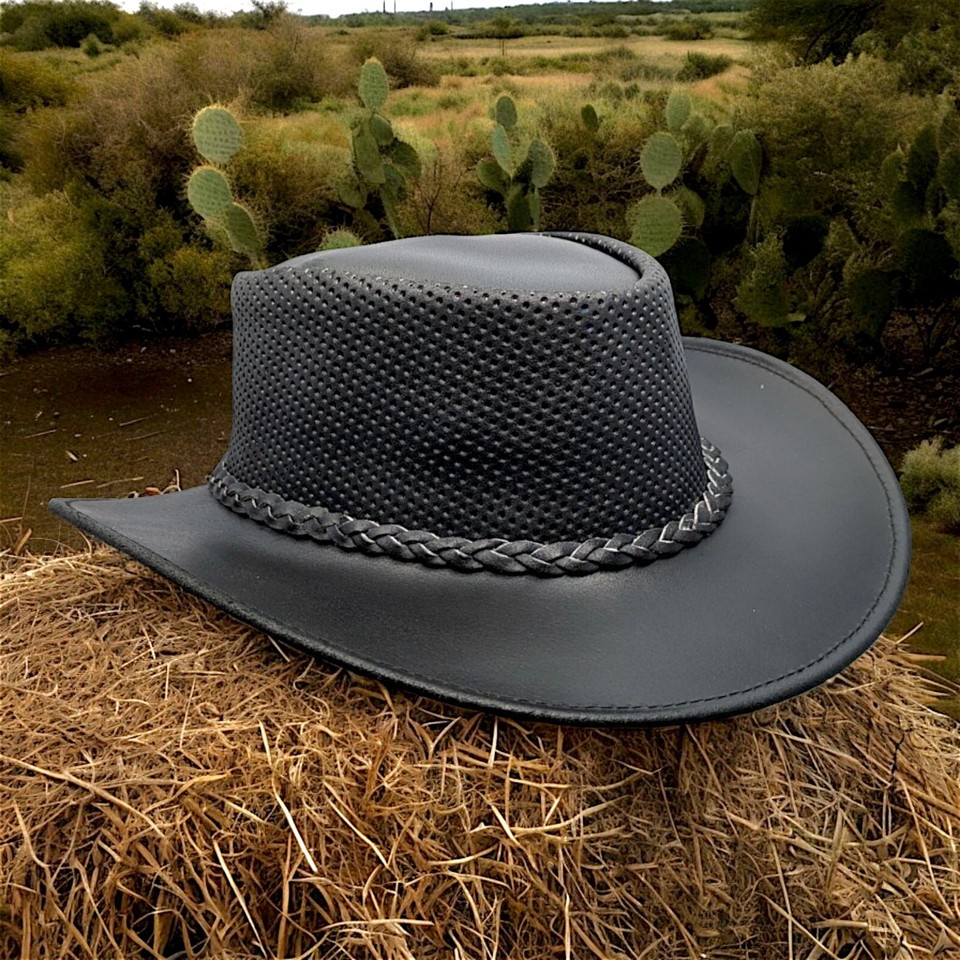 Men's Women's Mesh Cowboy Hat Real Leather Australian Western Style ...
