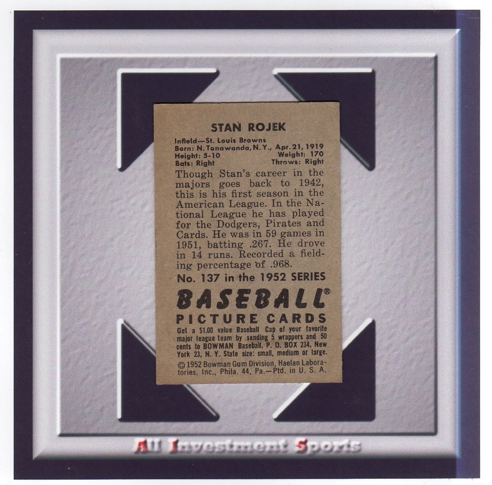 1952 Bowman STAN ROJEK #137 EXMT *superb baseball card for your set ...