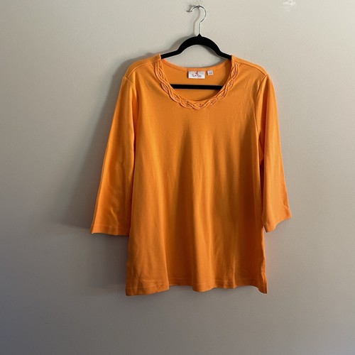 Quacker Factory Women L Orange Rhinestone Braided Sparkle 3/4 Sleeves T ...