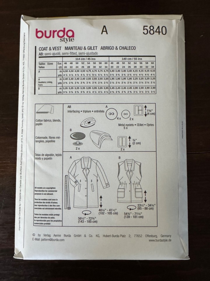 Burda Style 5840 Classic Trench Coat, Belt & Vest Misses' 20-34 Pattern ...