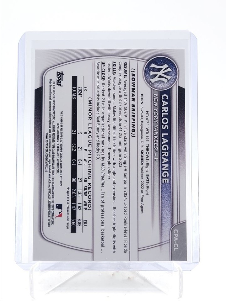 CARLOS LAGRANGE 2025 BOWMAN CHROME 1ST BASE AUTOGRAPH YANKEES B AUTO ...