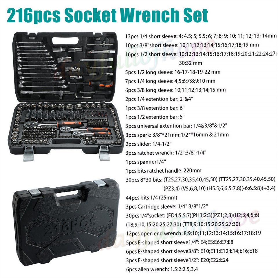 Professional 216PCS Ratchet Spanner Socket Set 1/2" 1/4 3/8 Car Repair ...