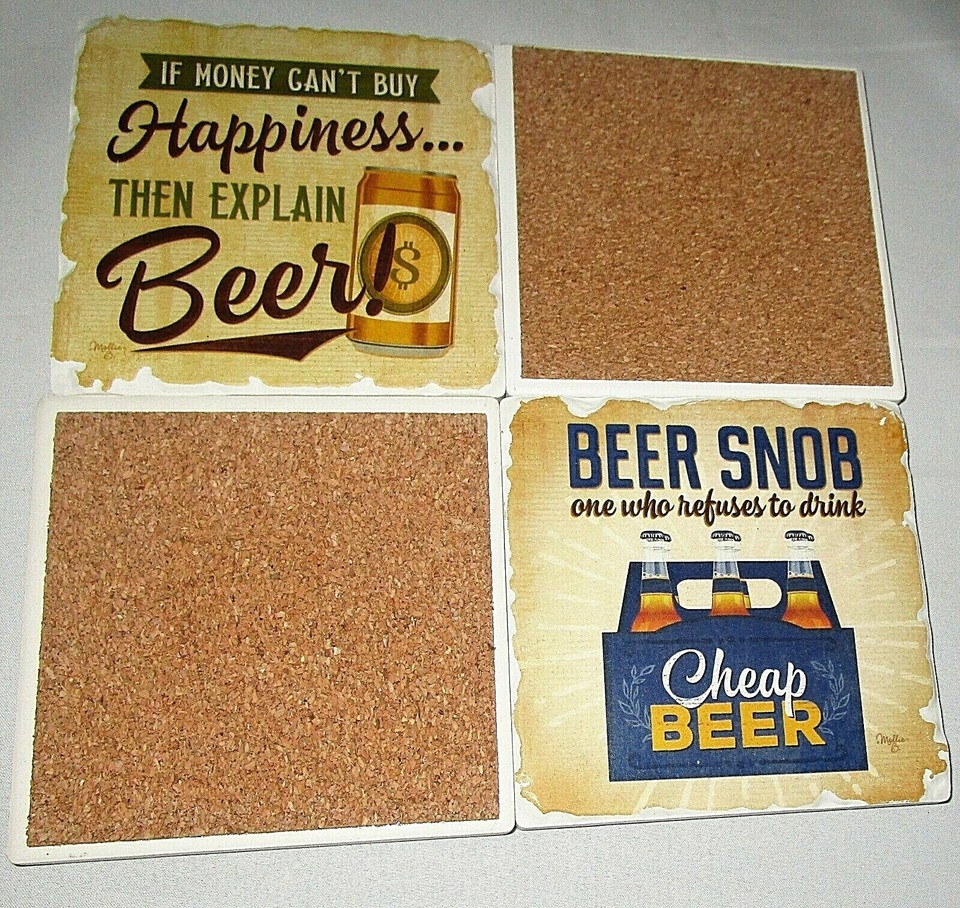 ABSORBENT STONE COASTERS Set of 4 Assorted Beer Themed Coasters 4" x 4 ...