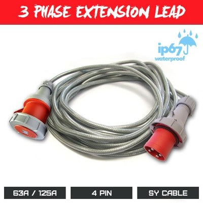 4 PIN THREE PHASE EXTENSION LEAD 63A OR 125A 5M - 50M IP67 SY CABLE ...