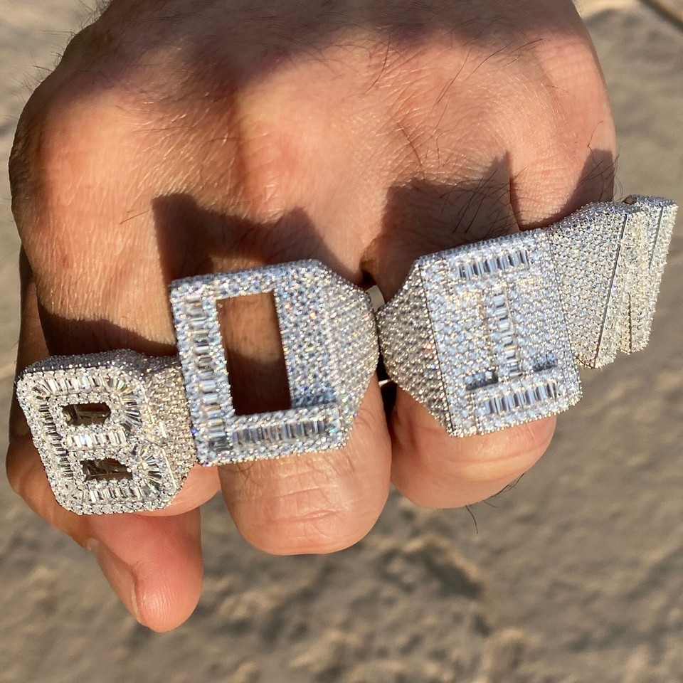 925 Sterling Silver Initial Block Letters Iced Baguette Flooded Out CZ ...