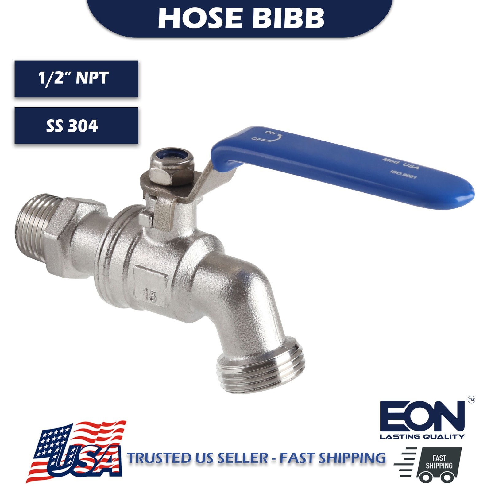1/2" Hose Bibb Quarter Turn Valve Handle Stainless Steel Threaded NPT ...