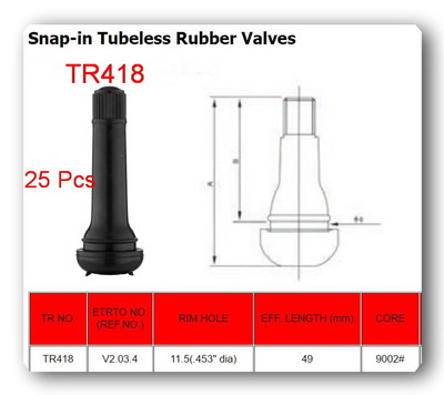 25 Valves TR418 STANDARD 2" SNAP IN TUBELESS BLACK RUBBER TIRE VALVE ...