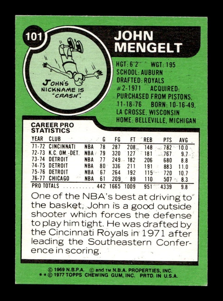 1977 78 Topps #101 John Mengelt Bulls EX-MT+ *8z | eBay