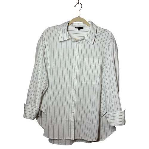 Modern Works Top Women M White Black Stripe Button Up Minimal Career ...