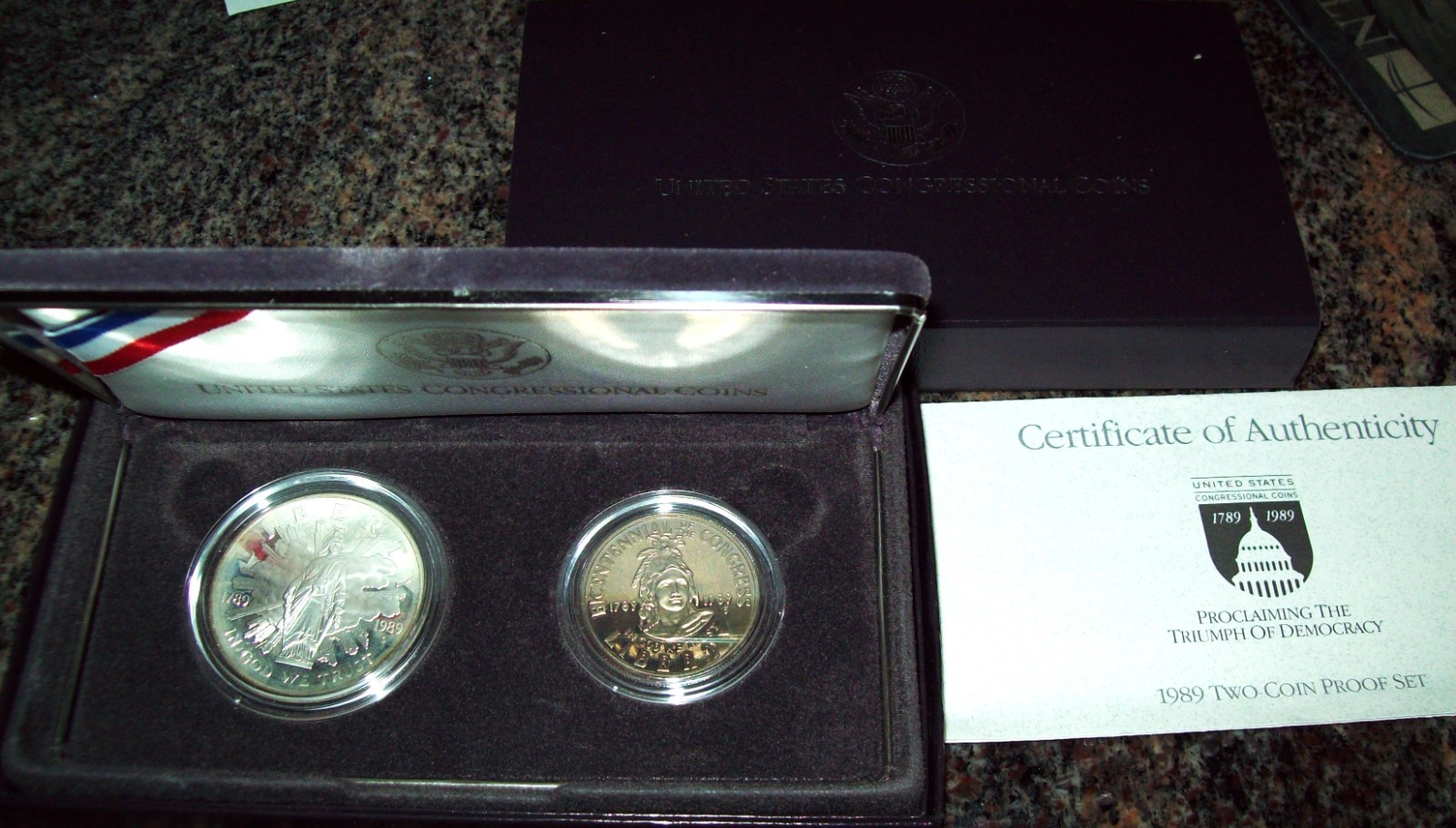 1989 Proof Congressional 2 Coin Set with Silver Dollar Box and COA ...