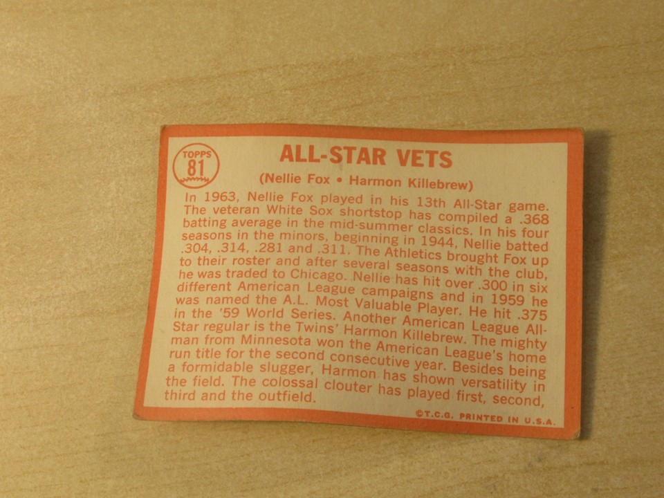 1964 TOPPS ALL-STAR VETS #81 NELLIE FOX KILLEBREW HOF LOW GRADE READ ...