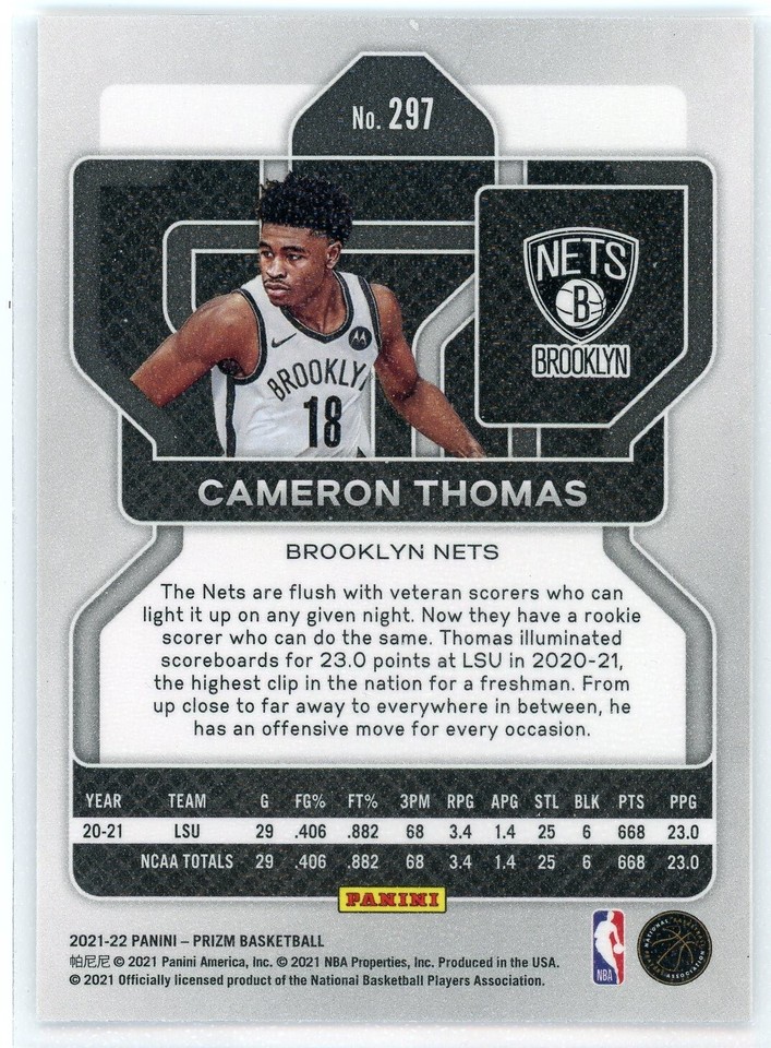 2021-22 Panini Prizm Cameron Cam Thomas Base Prizm Rookie #297 Brooklyn ...