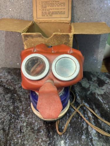 WWII Child's Gas Mask & Box ~ Mickey Mouse Gas Mask ~ Red & Blue Rubber ...