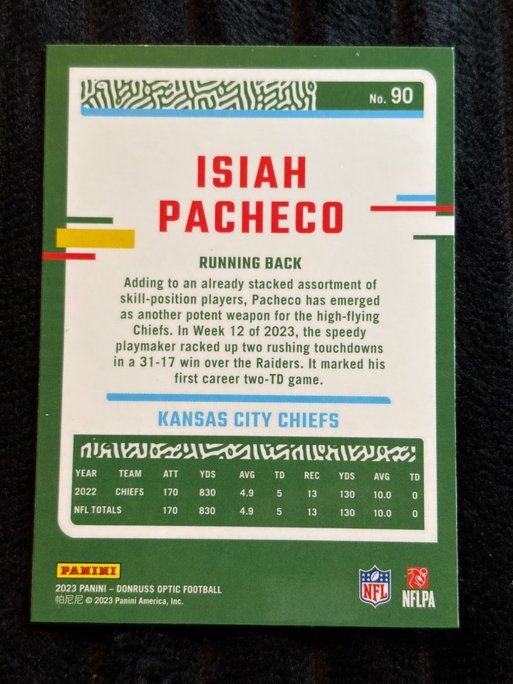 2023 Panini Donruss Optic Football Card Isiah Pacheco No.90 Kansas City ...