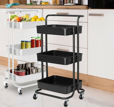 3 Tier Storage Trolley on Wheels Cart Kitchen Utility Rolling Rack Tray ...