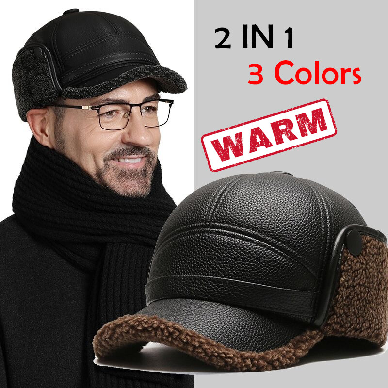 Men Baseball Caps With Ear flaps Cotton PU Warm Fall Winter Thick Hats ...