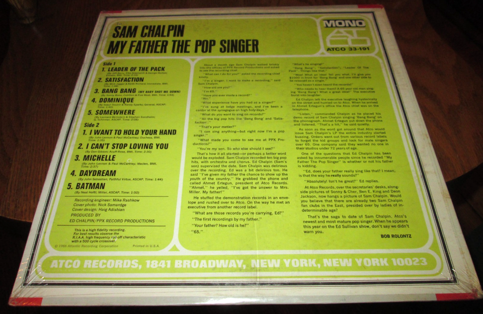 SAM CHALPIN MY FATHER THE POP SINGER LP SEALED NEW US ATCO VINYL ROCK ...