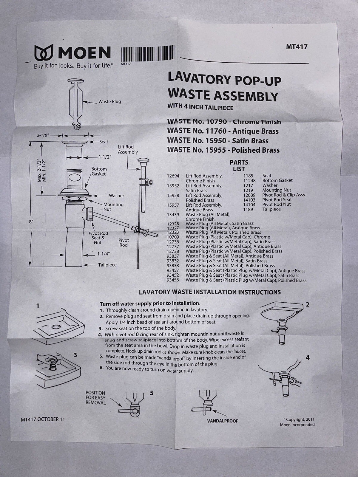 MOEN 10790 Lavatory Drain Assembly CHROME | eBay