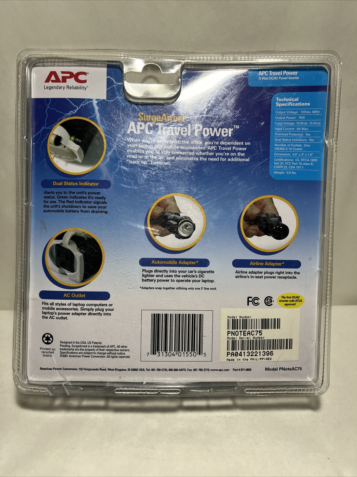 APC Travel Power Surge Arrest 75 Watt PNote AC75 Inverter 3B | eBay