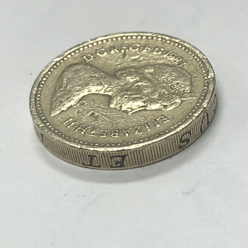 1983 Royal Arms One Pound Coin, Writing Error "DECUS ET TUTAMEN" Upside ...