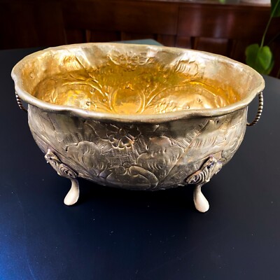 Vtg Hammered Brass Repousse Footed Plant Holder Planter Window Oval ...