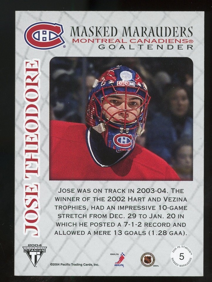 2003-04 TITANIUM MASKED MARAUDERS # 5 JOSE THEODORE, MONTREAL CANADIENS ...
