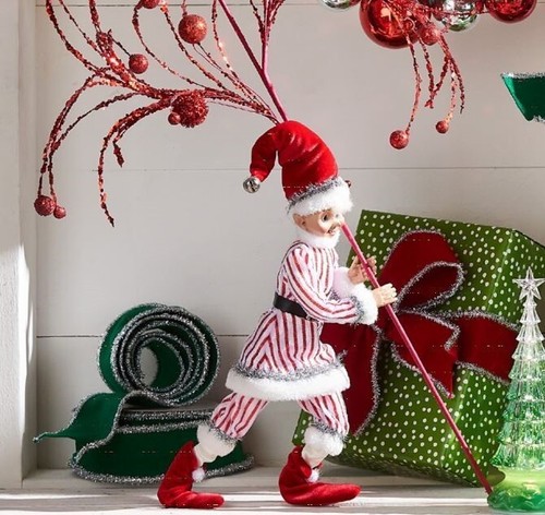 16" POSABLE CHRISTMAS PEPPERMINT Tinsel PARTY ELF Silver & Red NEW RAZ ...