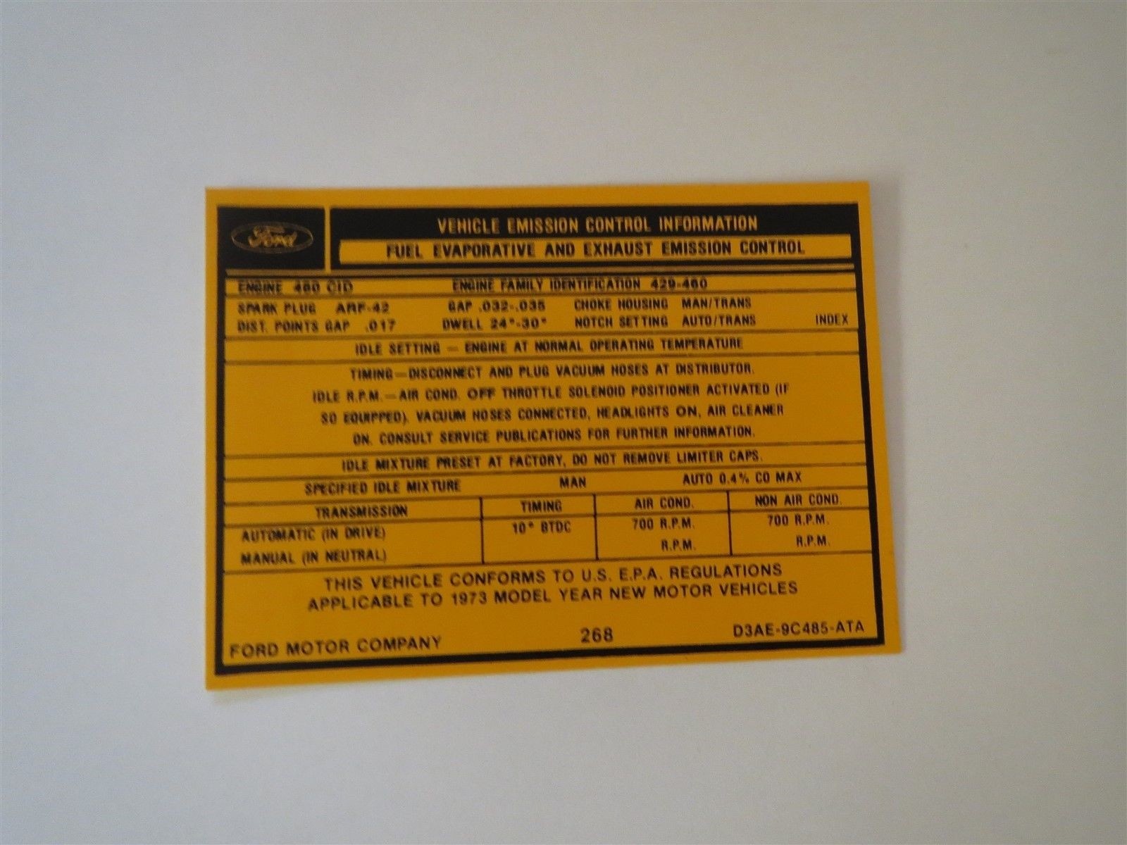 1973 LINCOLN CONTINENTAL AND MARK IV 460 ENGINE EMISSIONS DECAL STICKER ...