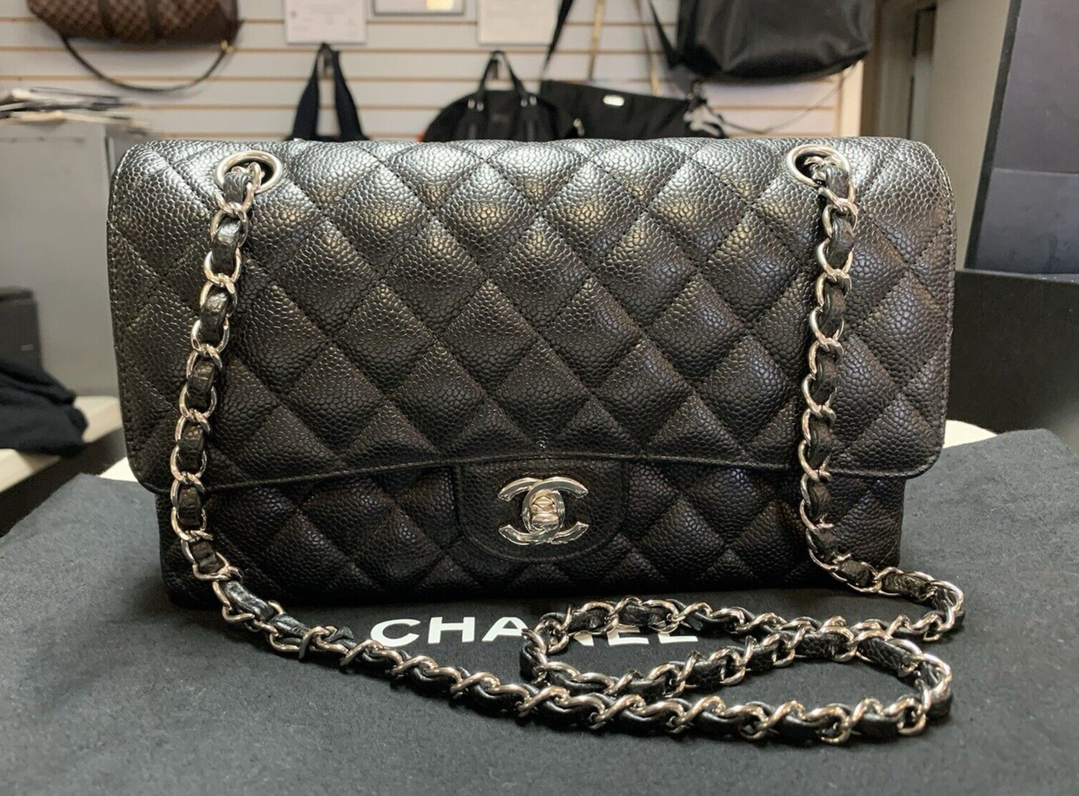 CHANEL Black Caviar Silver Medium Classic Double Flap… - Gem