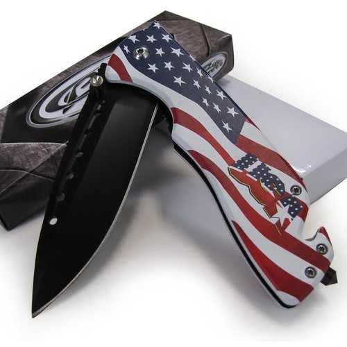 STARS & STRIPES Spring Assisted Knife RESCUE Folding Liner Locking ...