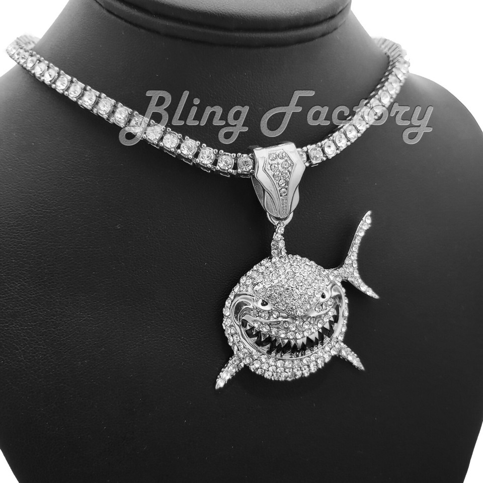 6ix9ine Silver PT Iced Shark Pendant & 18" Iced Cuban & 1 Row Chain ...