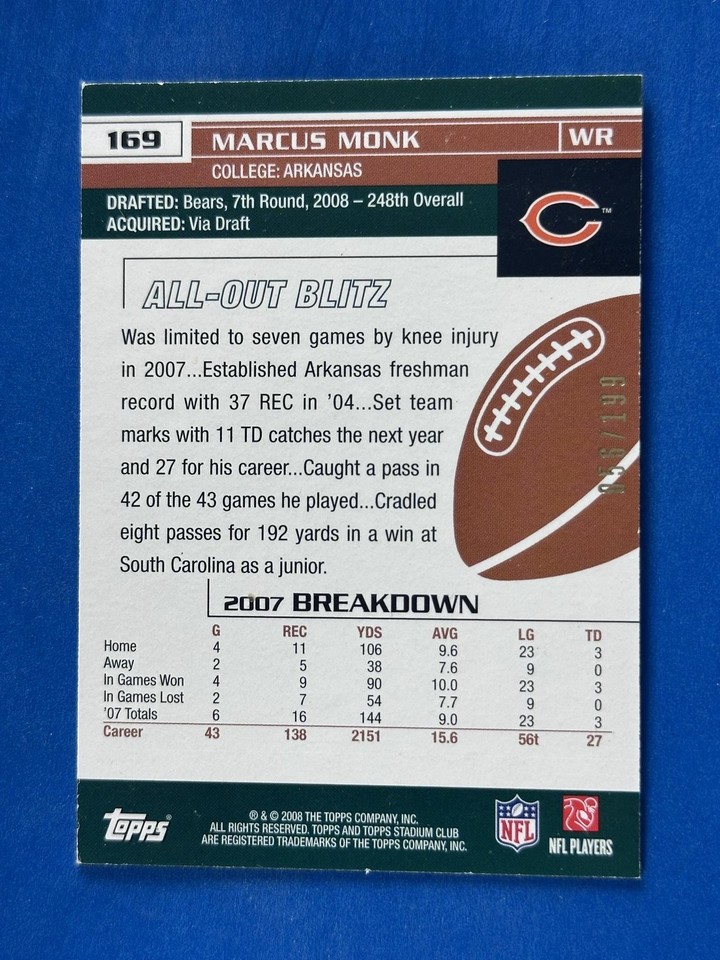 2008 Stadium Club Photographer's Proofs Silver Marcus Monk Bears #/199 ...