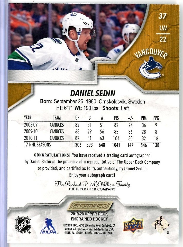 2019-20 Upper Deck Engrained Autographs Oak #37 Daniel Sedin AUTO ...