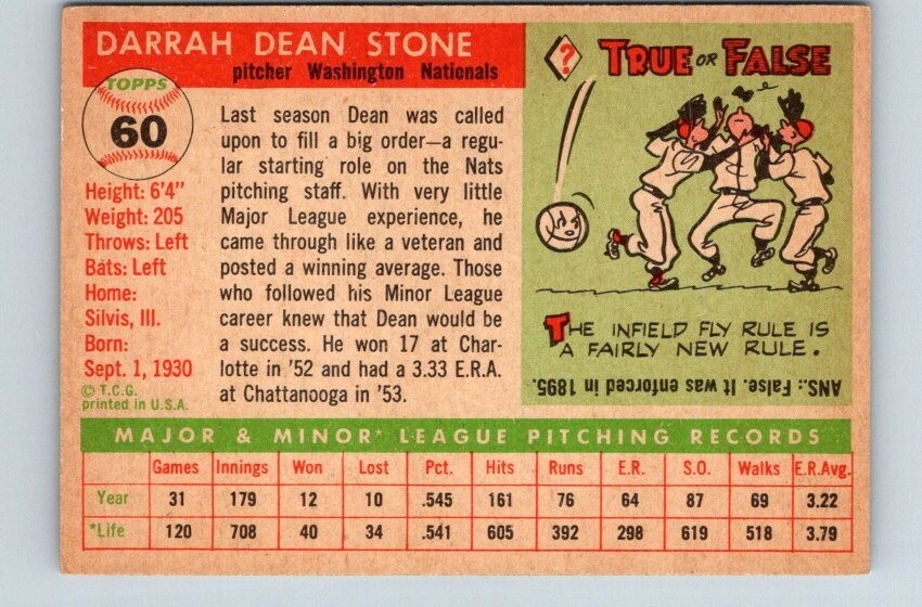 1955 TOPPS BASEBALL #60 DEAN STONE MID GRADE JK | eBay
