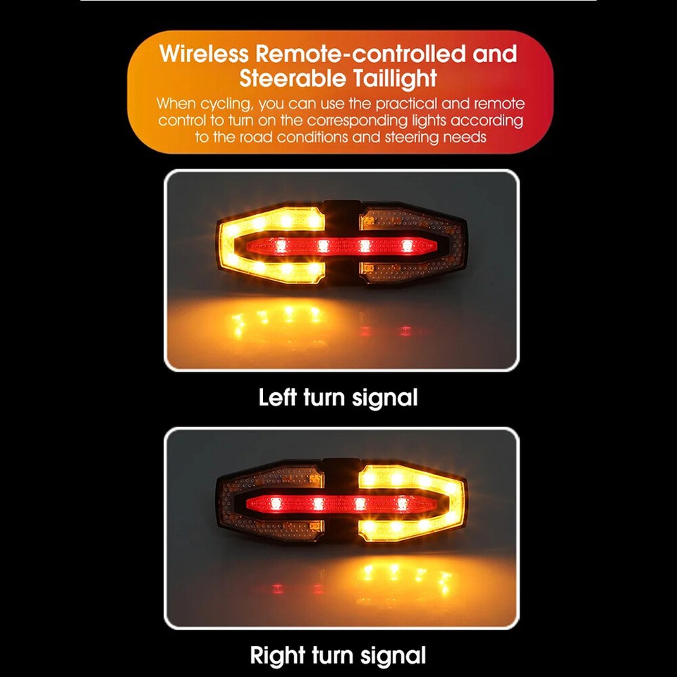 Bike Taillight Remote Turn Signal USB Light Wireless Warning Safety ...
