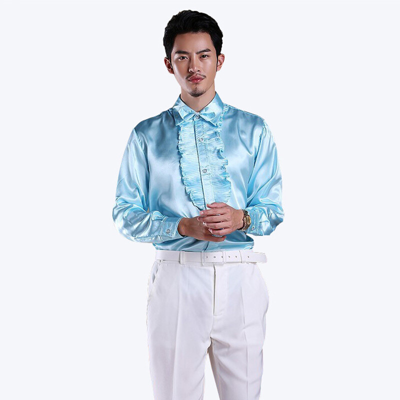 Men Long Sleeve Top Ruffle Pleated Front Shirt Wet-Look Frill Top Shiny ...